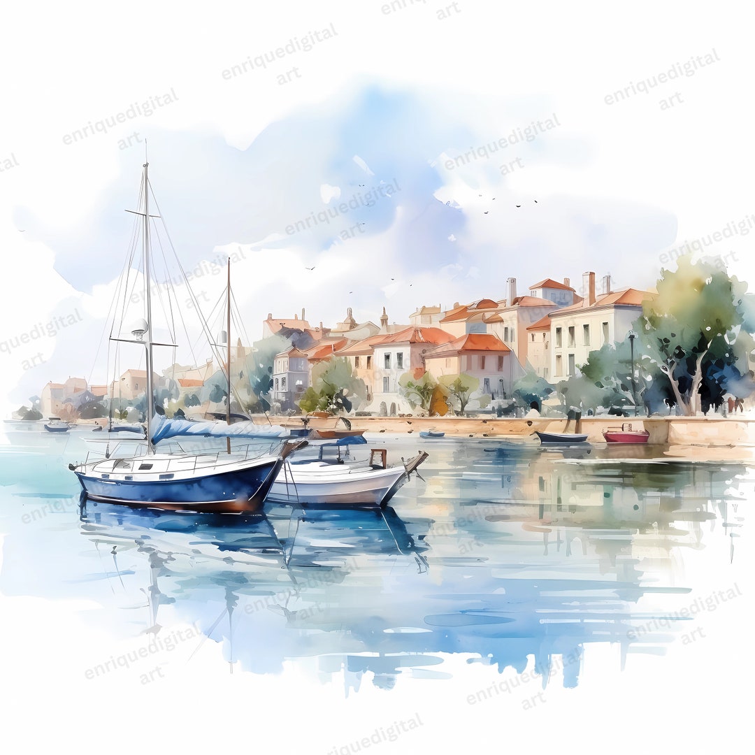Watercolor Harbor Cliparts, Seascape Landscape, Digital Download, Card ...