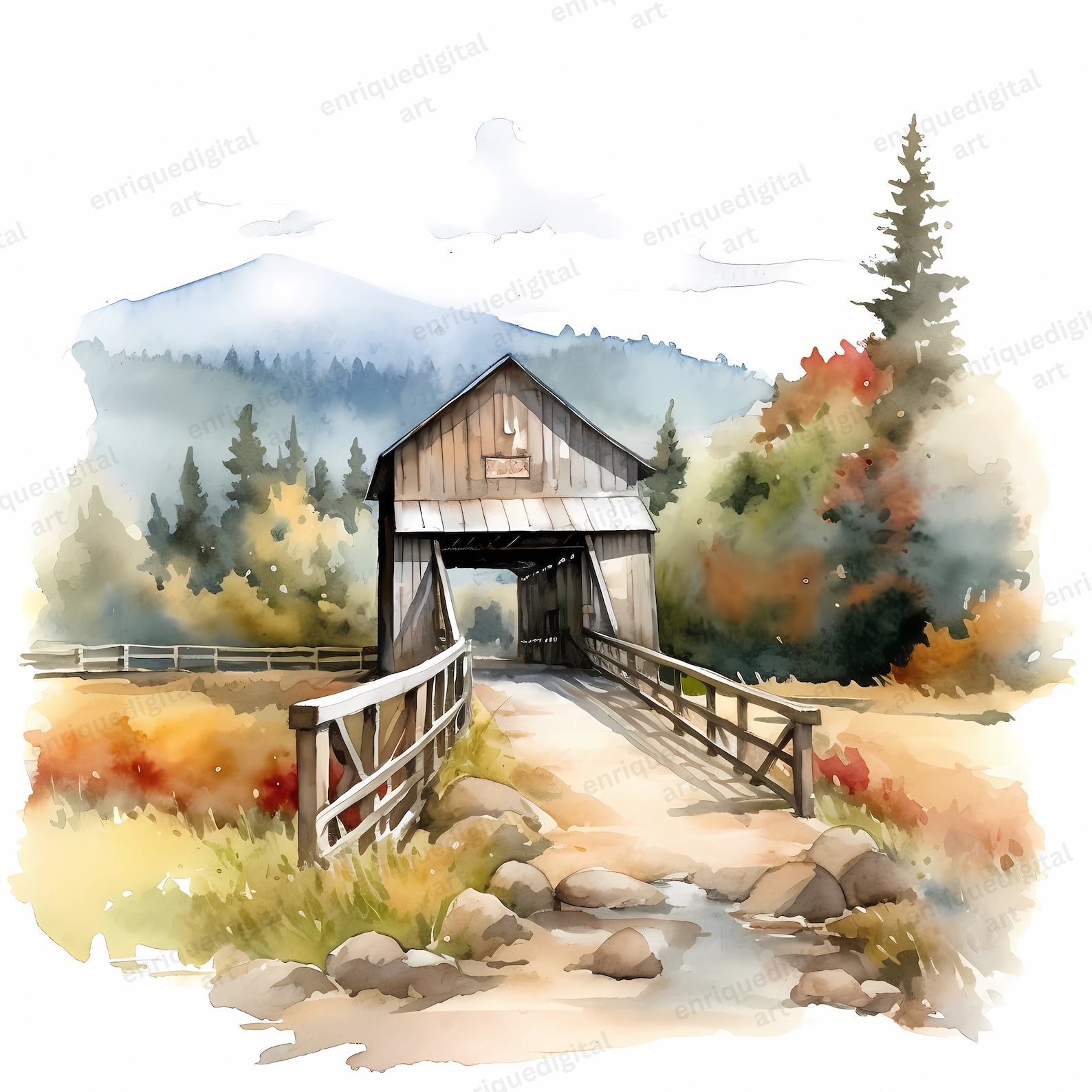 Watercolor Covered Bridge Clipart Bridge Landscape Printable - Etsy