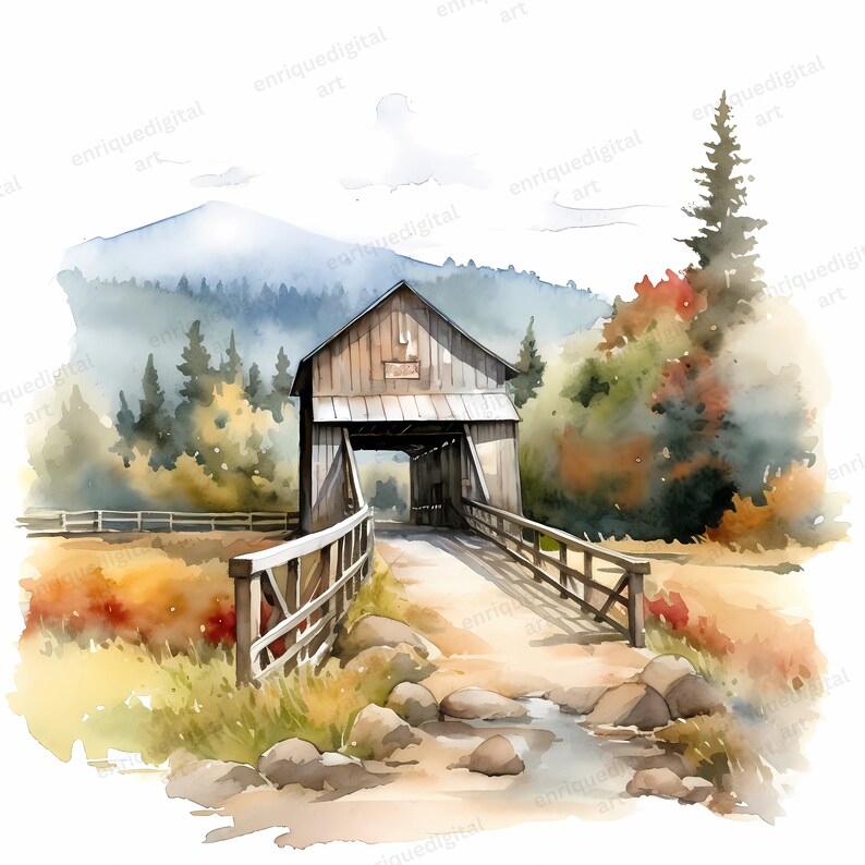 Watercolor Covered Bridge Clipart, Bridge Landscape, Printable Art ...