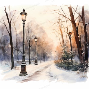 Watercolor Park Path Clipart, Winter Landscape, PNG Format, Digital ...