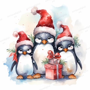 Watercolor Winter Christmas Penguins Clipart, Digital Download, Cute ...