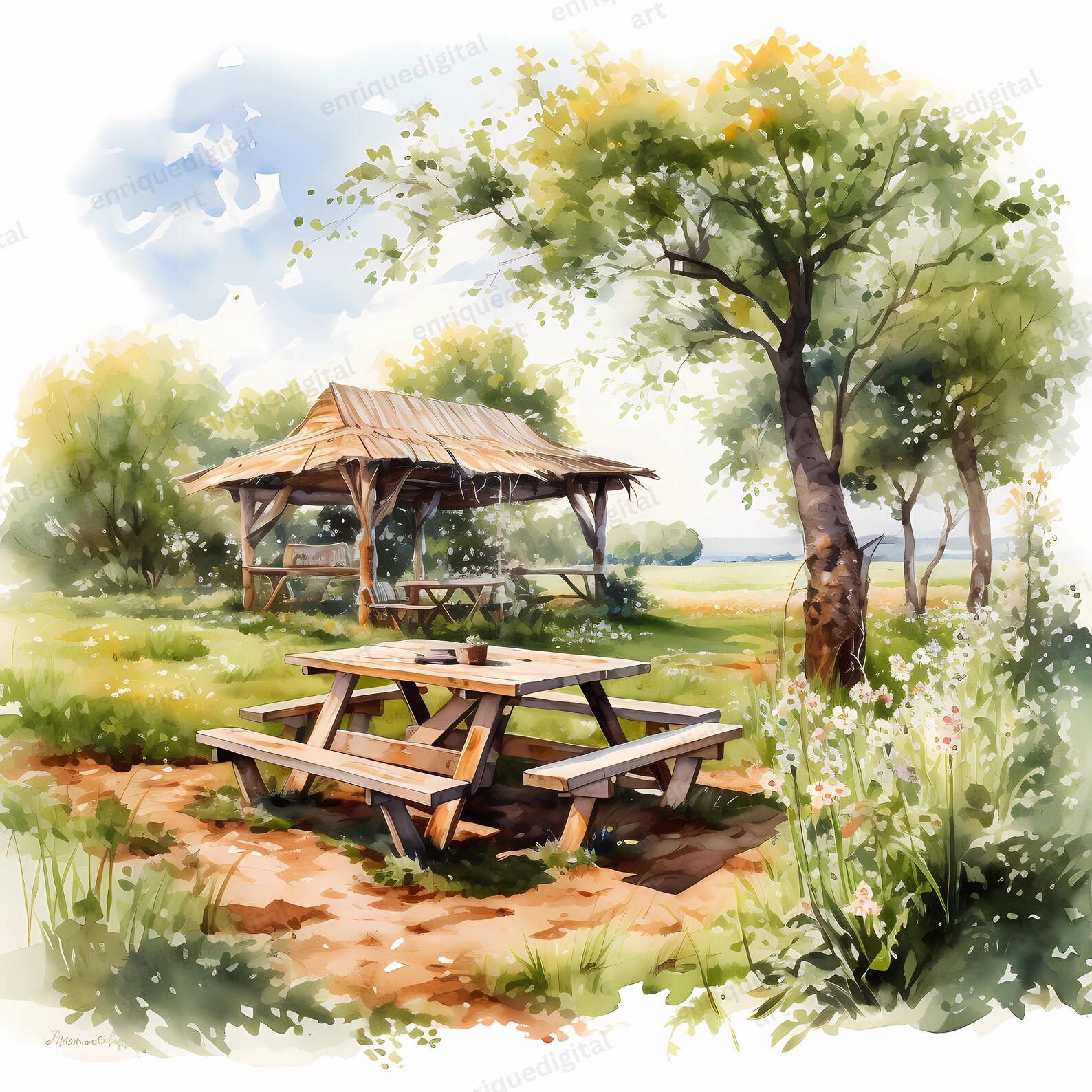 Watercolor Summer Picnic Clipart, Picnic Landscape, Digital Download ...