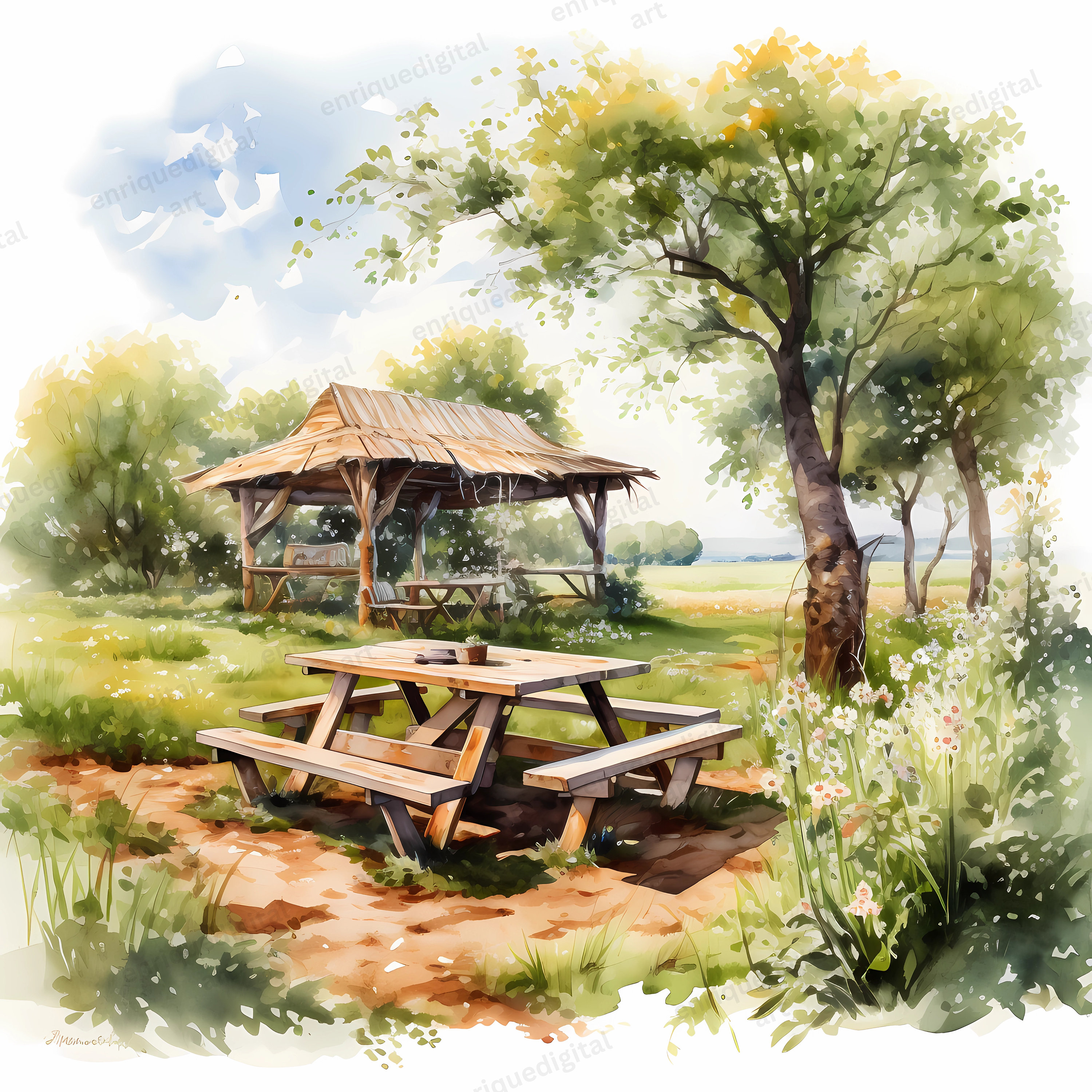 Watercolor Summer Picnic Clipart Picnic Landscape Digital - Etsy