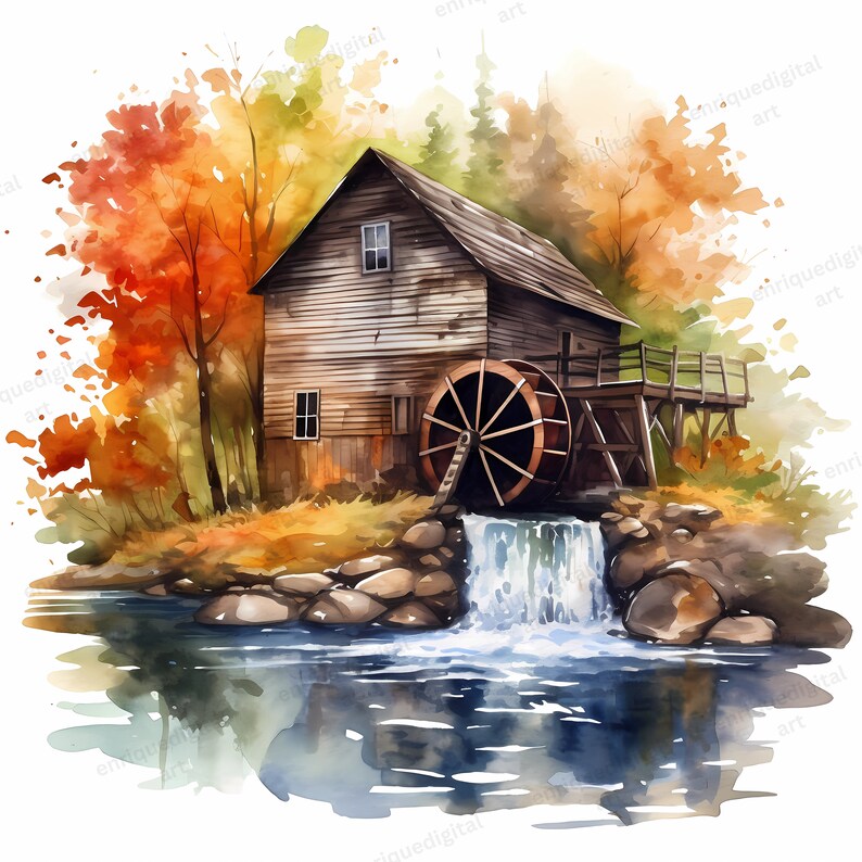 Watercolor Watermill Clipart, Watermill PNG, Watermill Printable Art ...