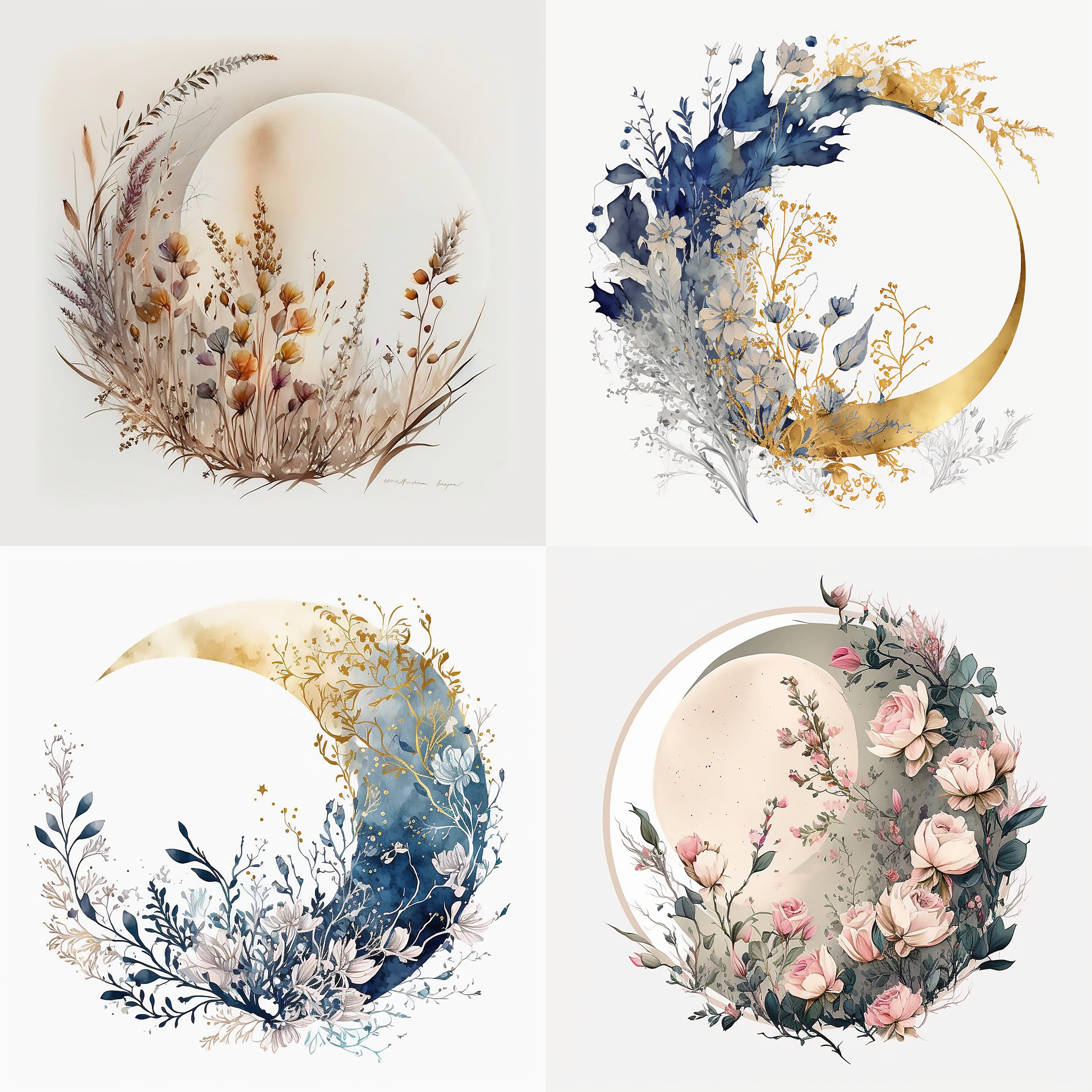 Watercolor Floral Moons Clipart Floral Crescent Full Moons - Etsy