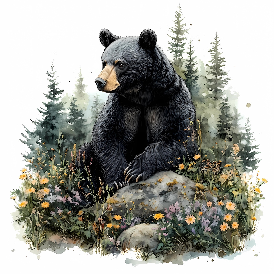 Watercolor Black Bear Clipart, Woodland Landscape, Digital Download ...