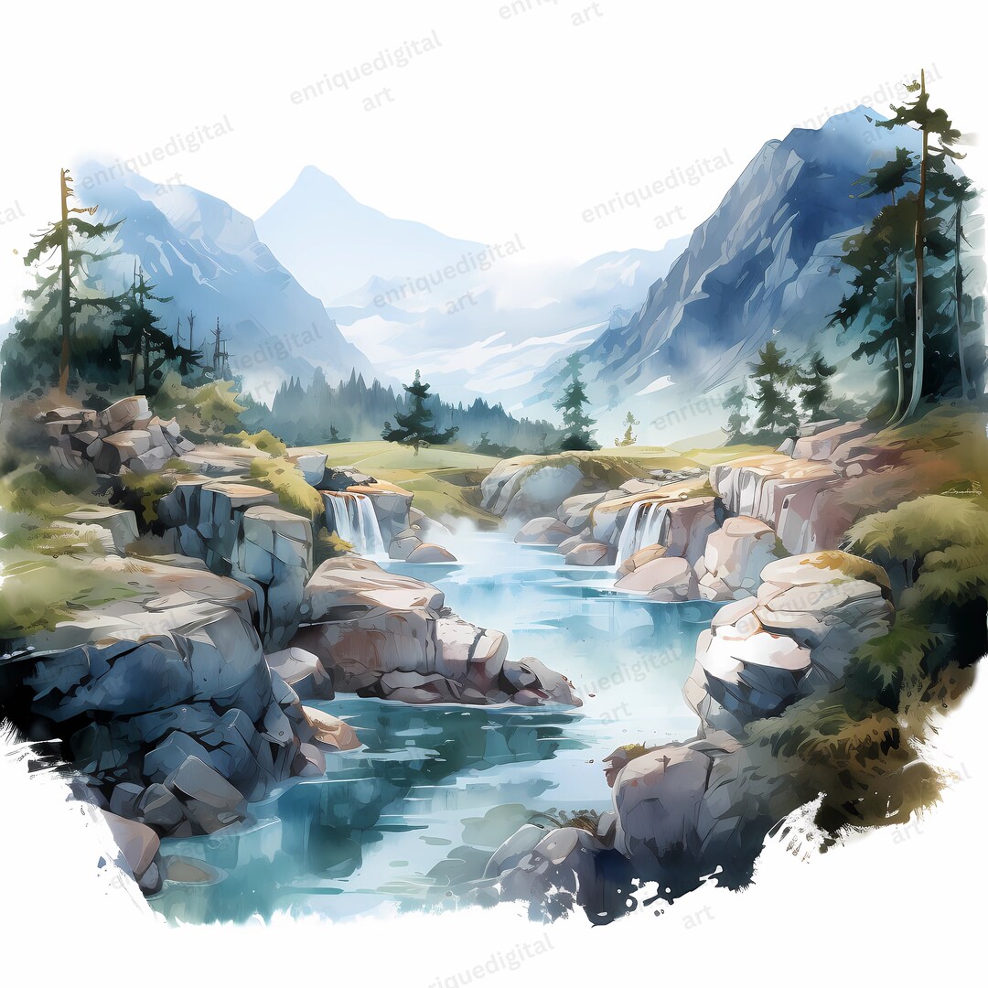 Watercolor Mountains Landscape Clipart, PNG Format, Nature Scenery ...
