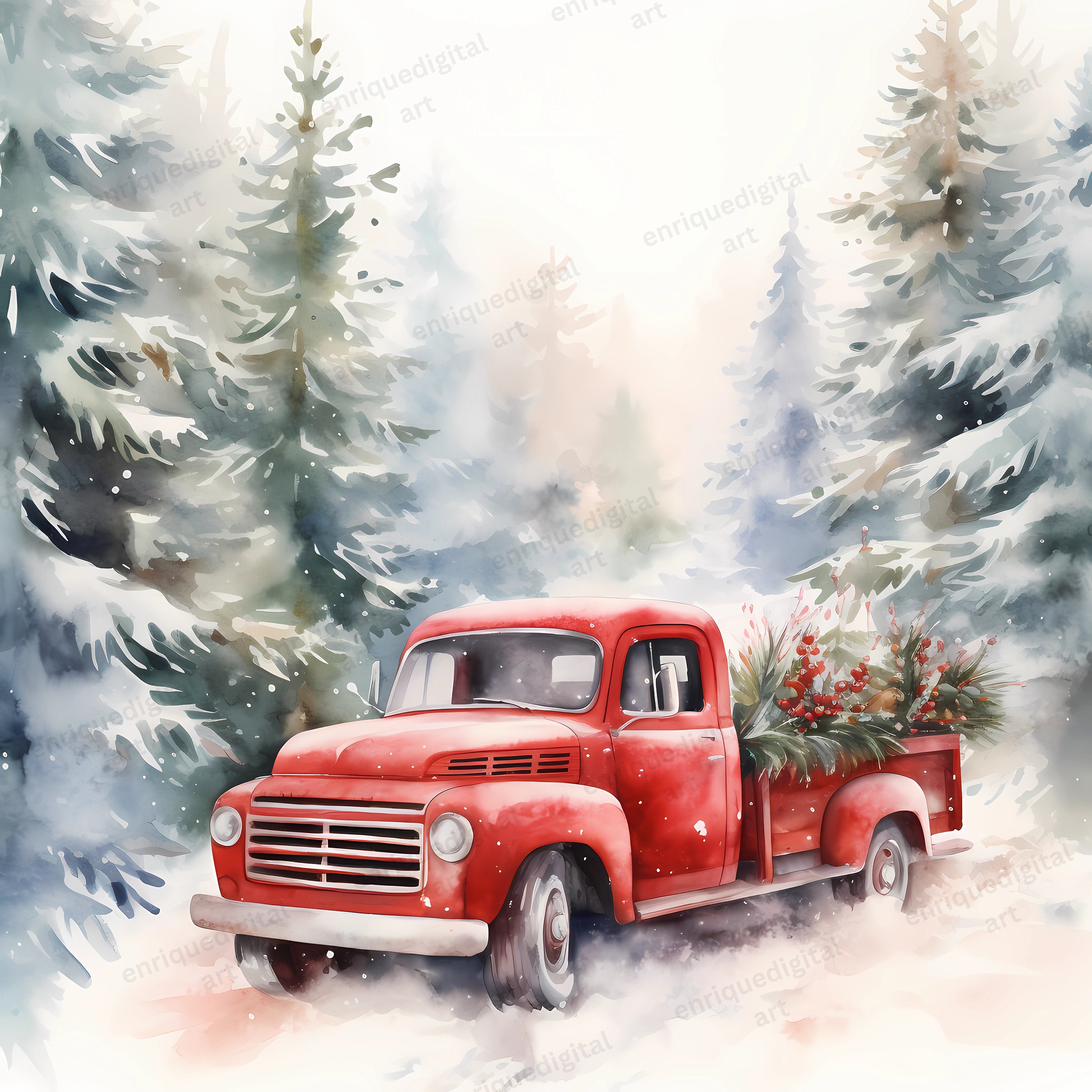 Watercolor Red Truck Clipart Christmas Card Card Making - Etsy