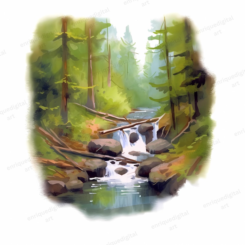 Watercolor Stream in Forest Clipart, Landscape Scenes, PNG Format ...