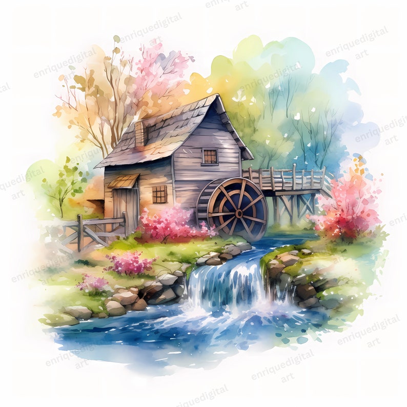 Watercolor Watermill Clipart, Watermill PNG, Watermill Printable Art ...