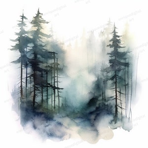 Watercolor Misty Forest Clipart, Landscape Art, Printable Wall Art ...