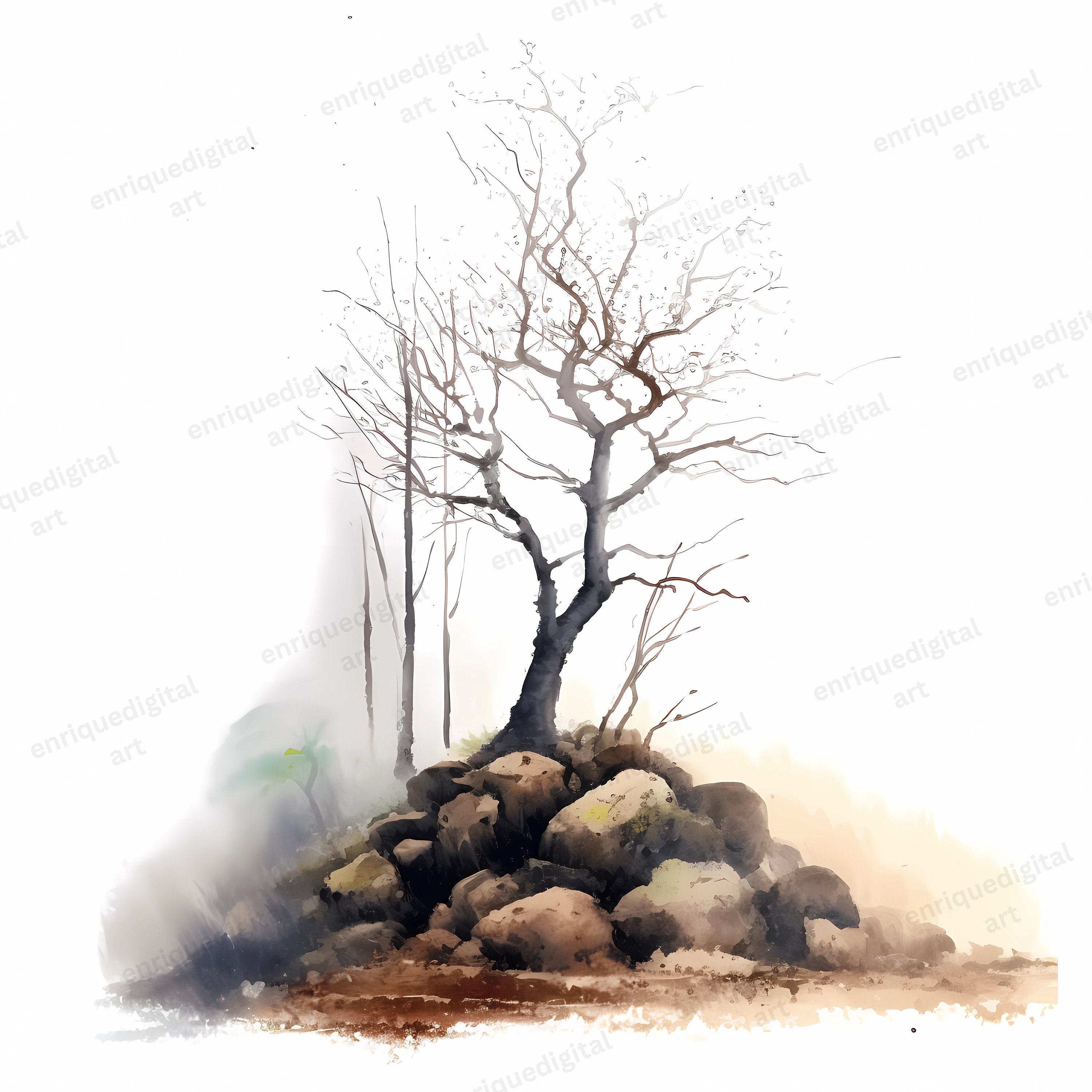 Watercolor Misty Tree Clipart Landscape Art Printable Wall - Etsy