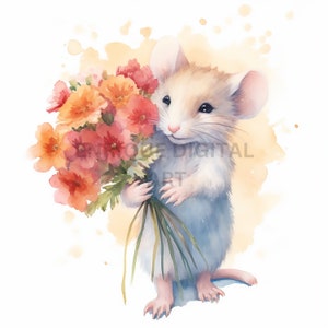 Cute Mouse With Pink Flowers, Mouse Clipart, Mouse Illustation, Mouse ...