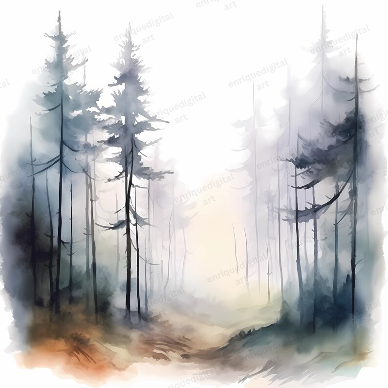 Watercolor Misty Forest Clipart Landscape Clipart Hiking - Etsy