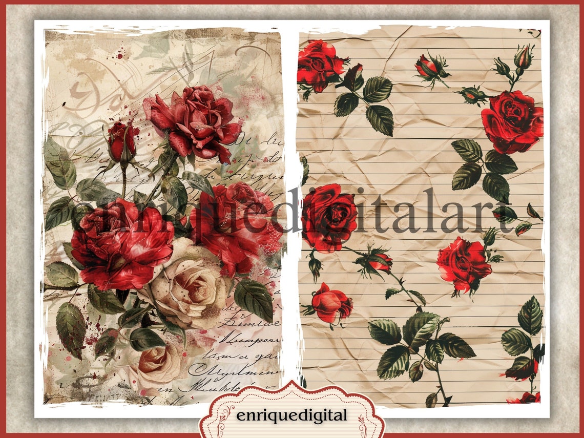 Red Roses Junk Journal Papers, Paper Crafting, Digital Download, Junk ...