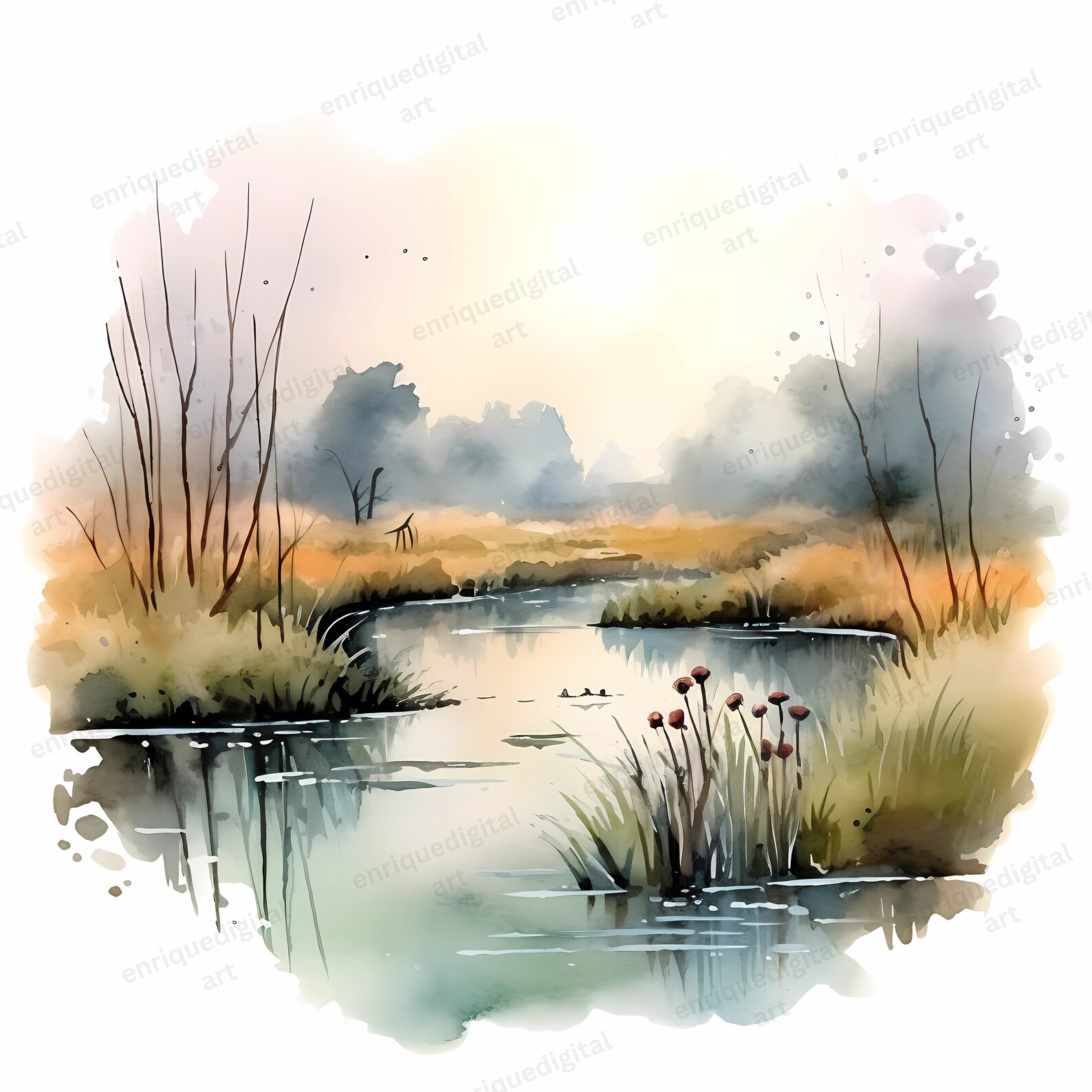Watercolor Misty Lake Clipart, Landscape Art, Printable Wall Art, Wall ...