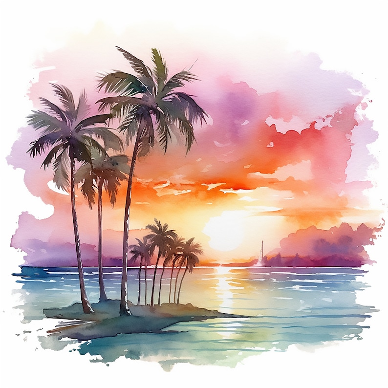 Watercolor Beach Sunsets Clipart Sunset Bundle Tropical Etsy