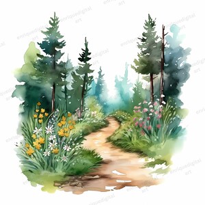 Watercolor Forest Path Clipart, Lanscape Clipart, Wildflowers Clipart ...