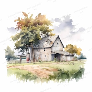 Watercolor Farm Barn Clipart, Farm House Clipart, Barn Bundle PNG ...