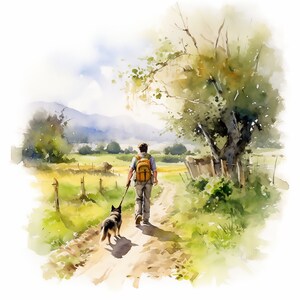 Watercolor Country Road, Dog Clipart, Dog Lovers Clipart, Nature, Dog ...