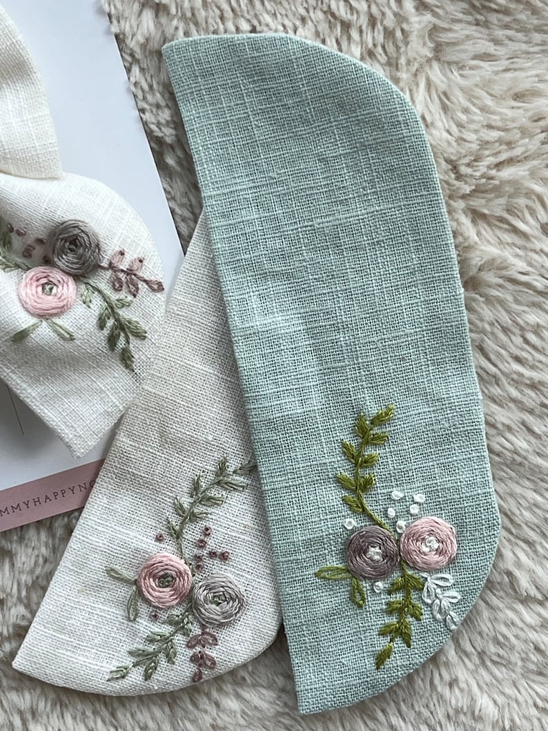 Hand Embroidered Linen Hair Bow - Etsy