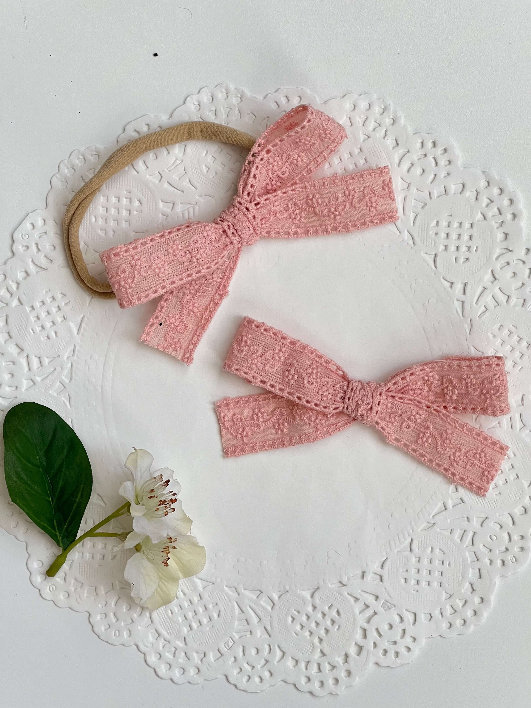 Blush Embroidered Lace Bow, Long Tail Floral Embroidered Lace Hair Bow ...