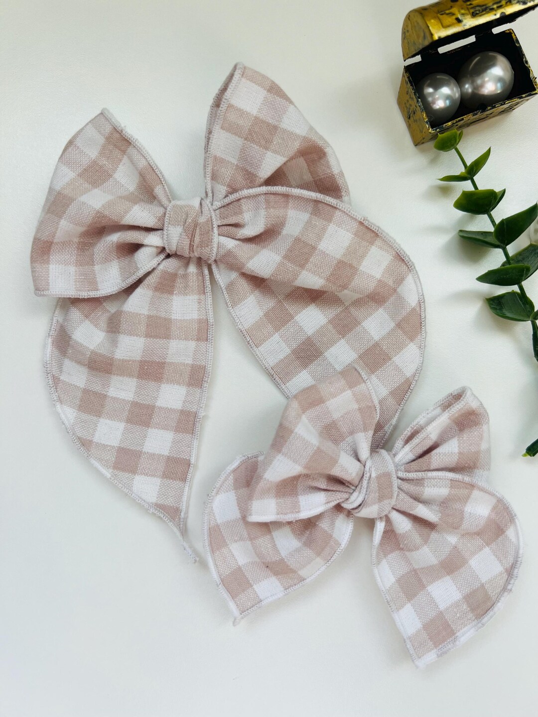 Sand and White Checkered Fable Bow, Beach Fable Bow, Summer Fable Bow ...