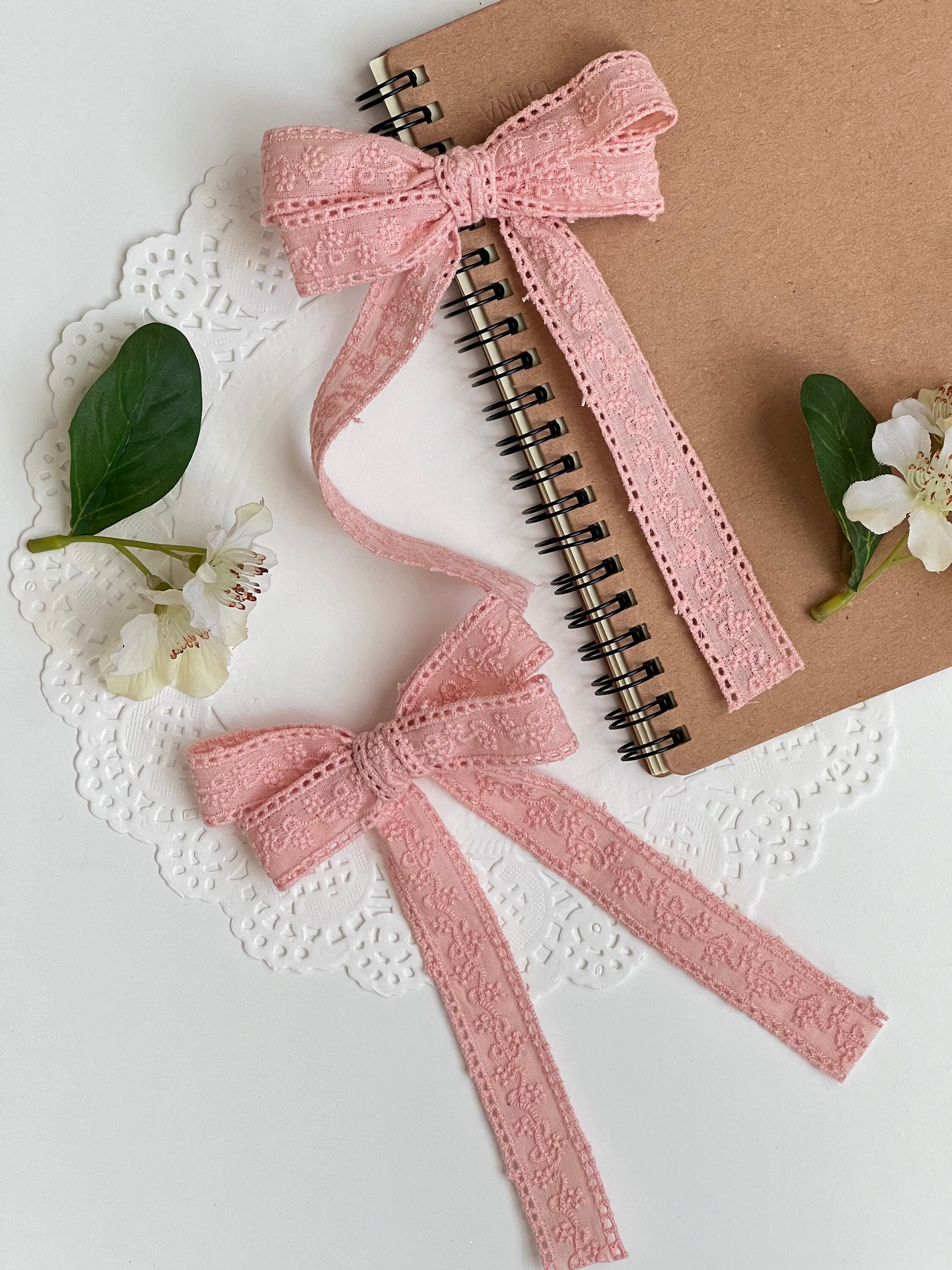 Blush Embroidered Lace Bow, Long Tail Floral Embroidered Lace Hair Bow ...