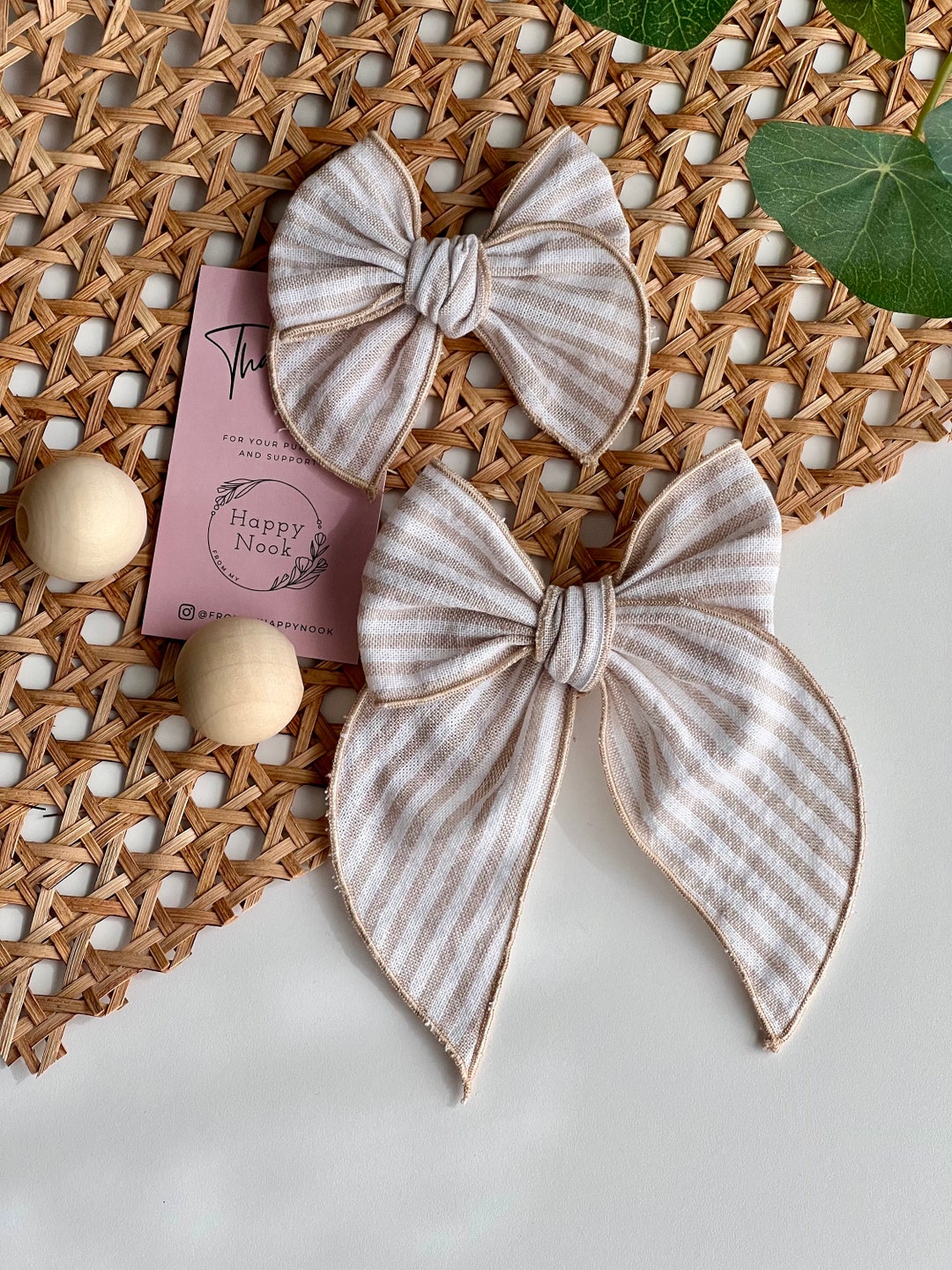 Linen Stripe Fable Bow, Line Stripe Pigtail Bow, Neutral Baby Bow ...
