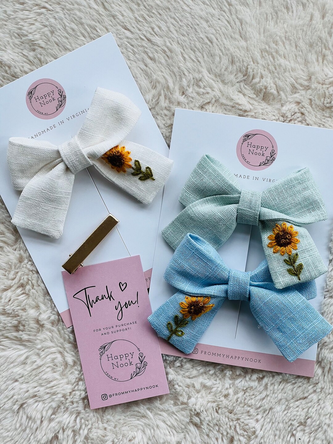 Hand Embroidered Sunflower Linen Hair Bows - Etsy