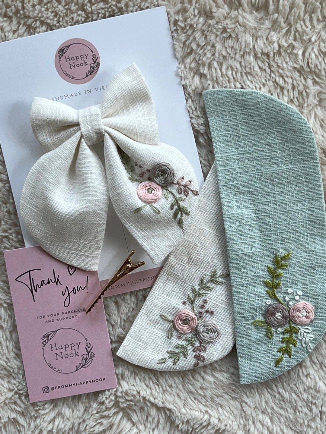 Hand Embroidered Linen Hair Bow - Etsy