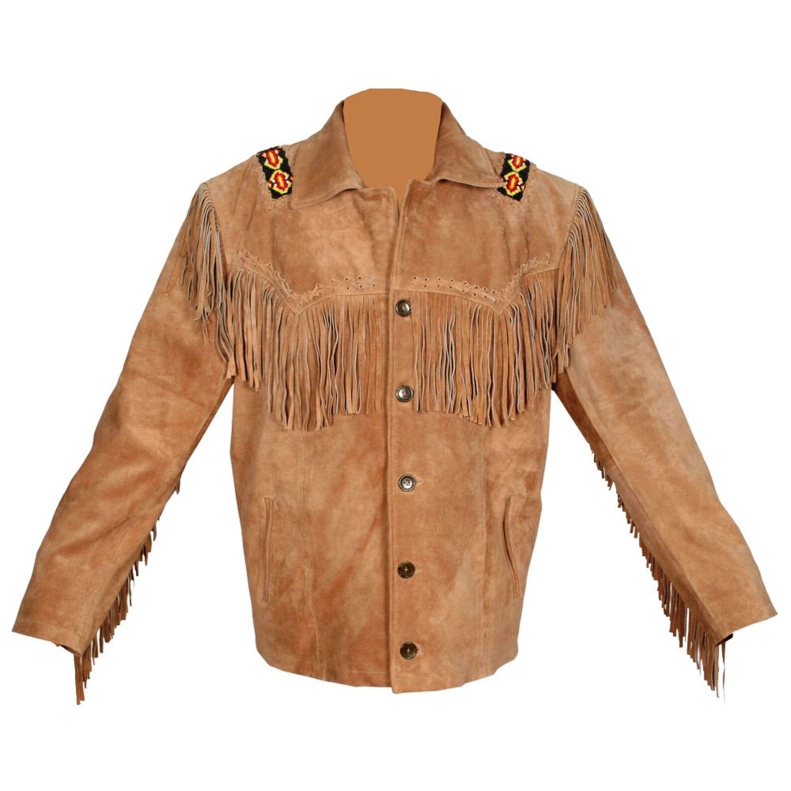Men's Western Brown Buckskin Suede Leather Fringe Beaded Jacket WBJ497 ...
