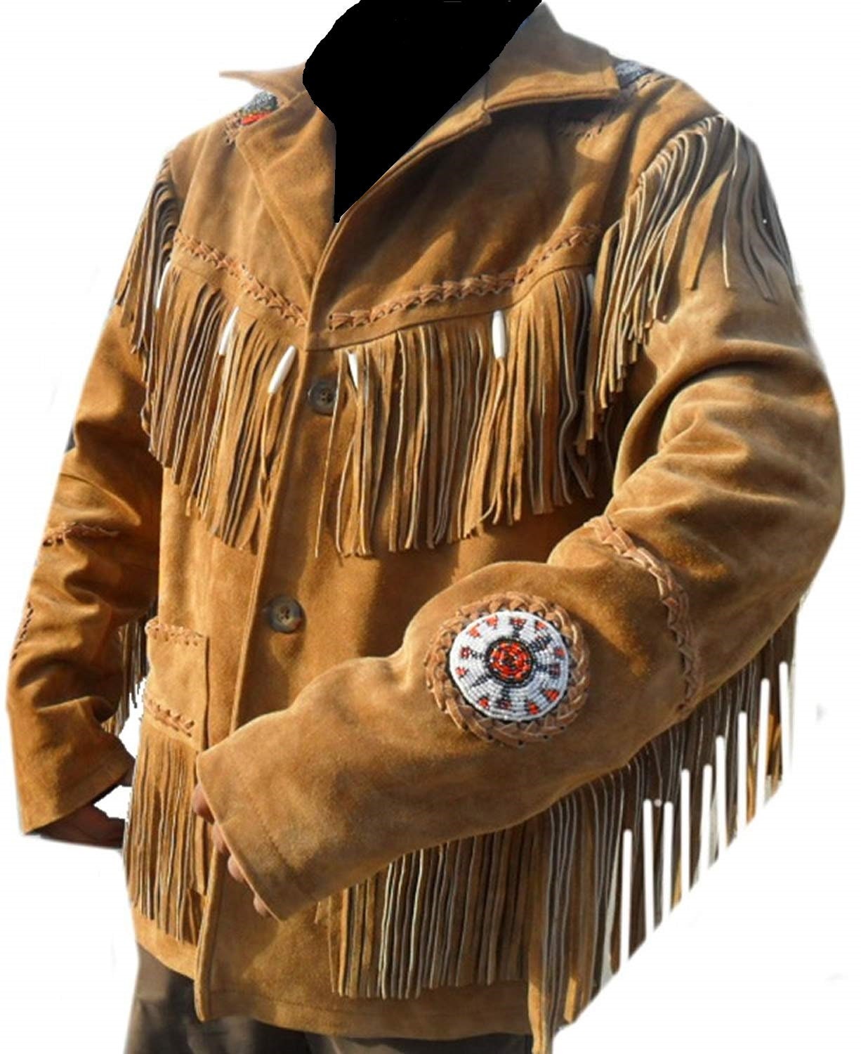 Men's Western Brown Buckskin Suede Leather Fringe Beaded Jacket WBJ145 ...