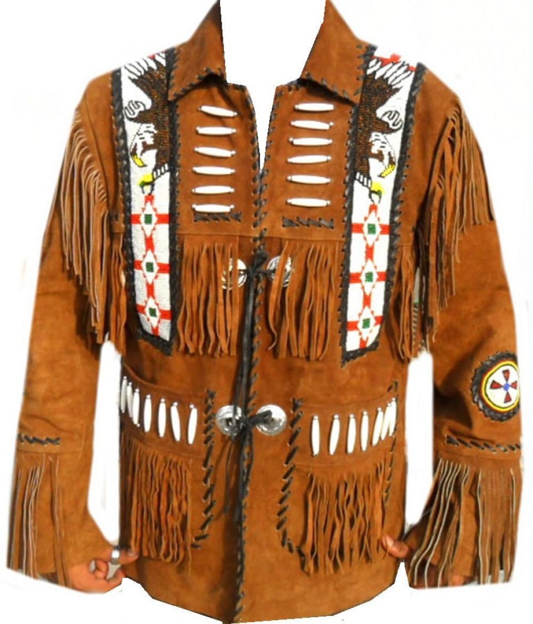 Men's Western Brown Buckskin Suede Leather Fringe Eagle Beaded Jacket ...