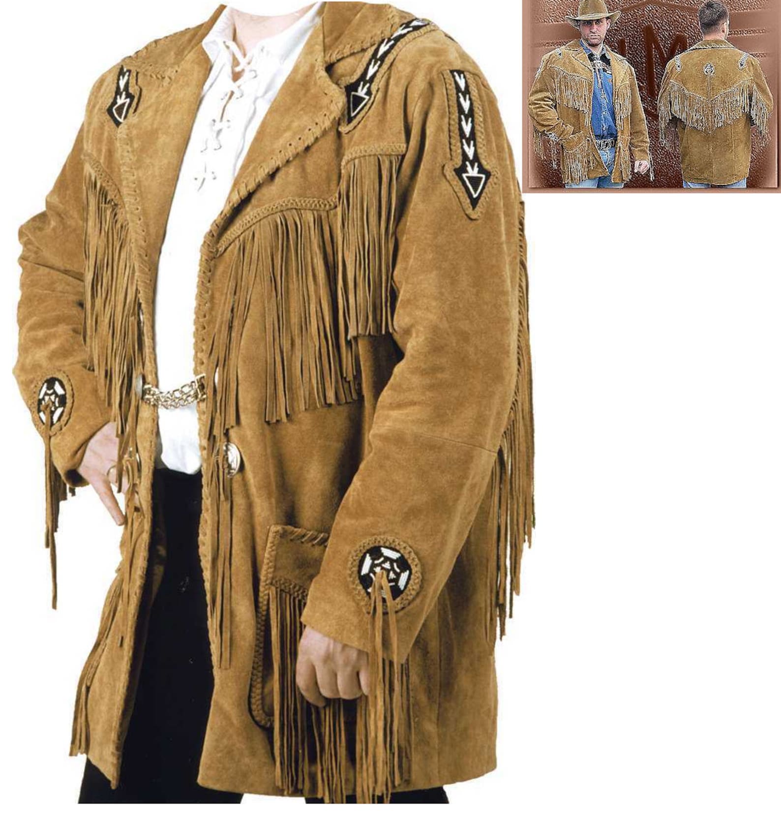 Men's Western Brown Buckskin Suede Leather Fringe Beaded Jacket WBJ146 ...
