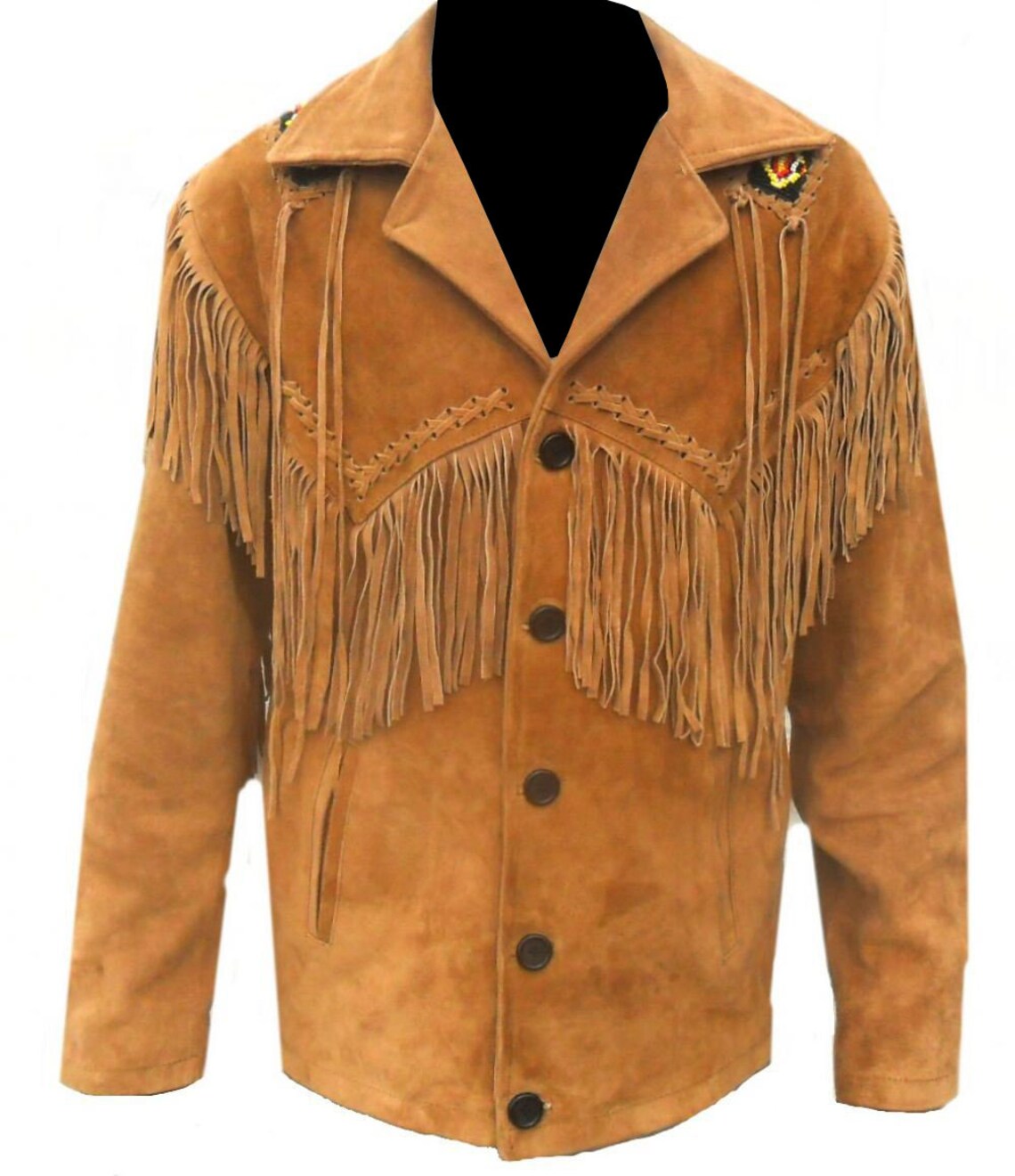 Men's Western Brown Buckskin Suede Leather Fringe Beaded Jacket WBJ01 ...