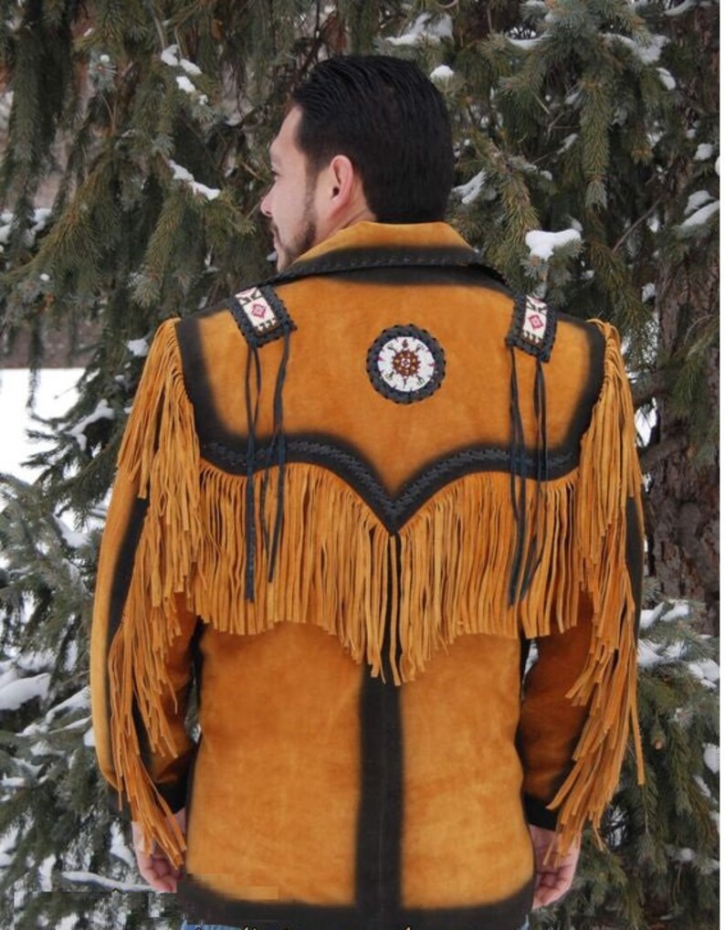 Men's Western Brown Buckskin Suede Leather Fringe Beaded Jacket WBJ85 ...