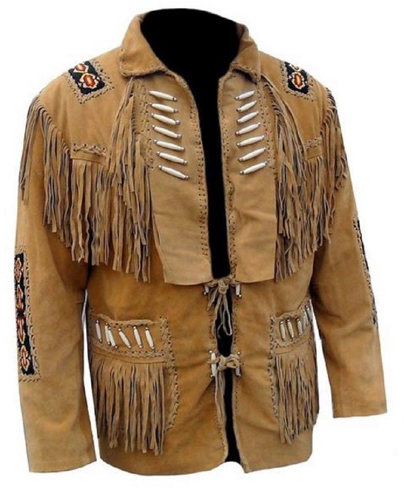 Men's Western Brown Buckskin Suede Leather Fringe Beaded Jacket WBJ11 ...
