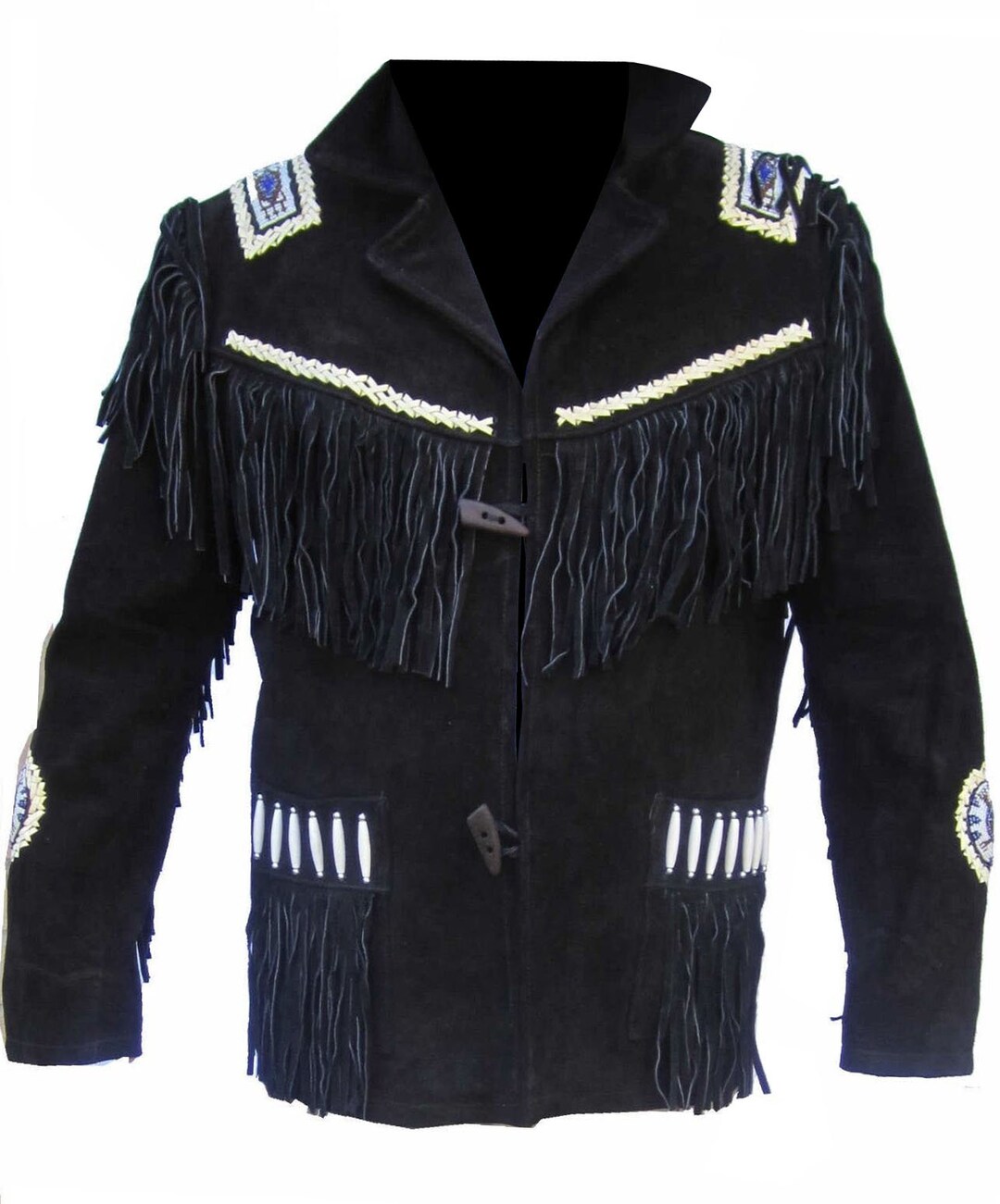 Men's Western Black Buckskin Suede Leather Fringe Beaded Jacket WBL05 ...