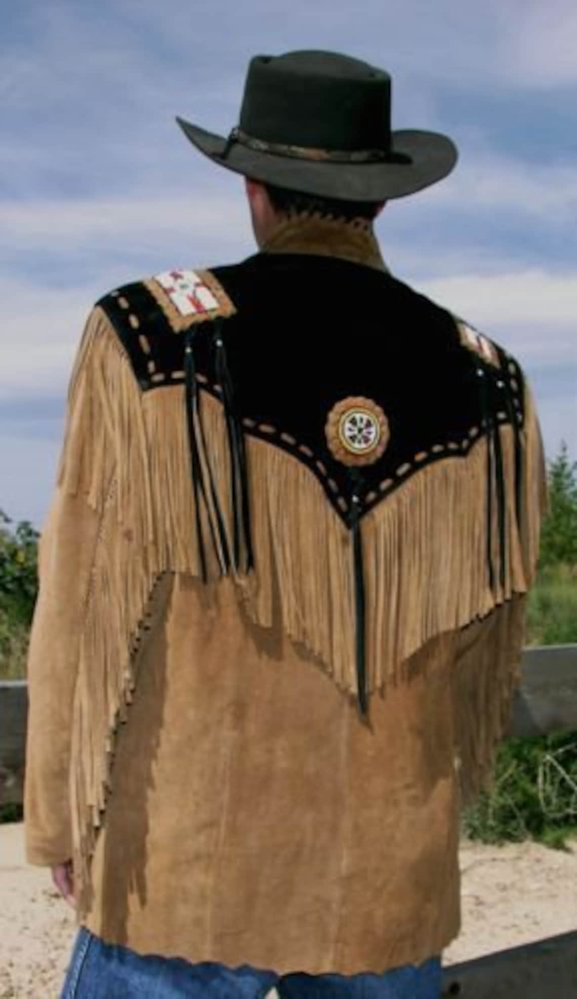 Men's Western Brown Buckskin Suede Leather Fringe Beaded Jacket WBJ36 ...