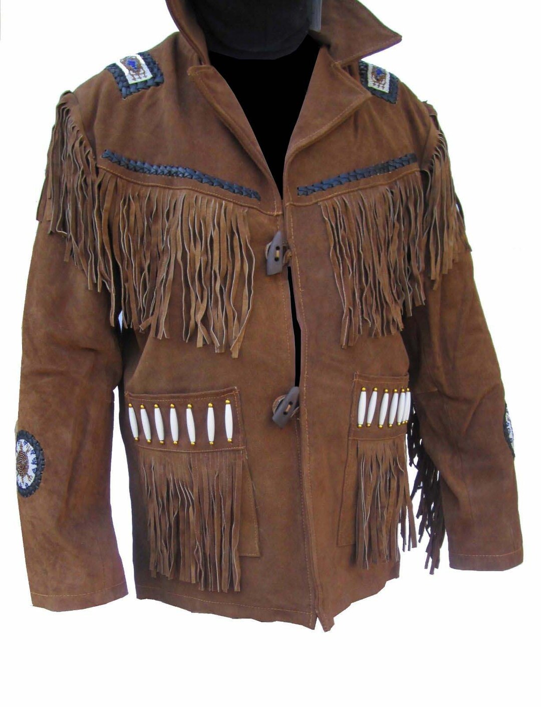 Men's Western Brown Buckskin Suede Leather Fringe Beaded Jacket WBJ28 ...
