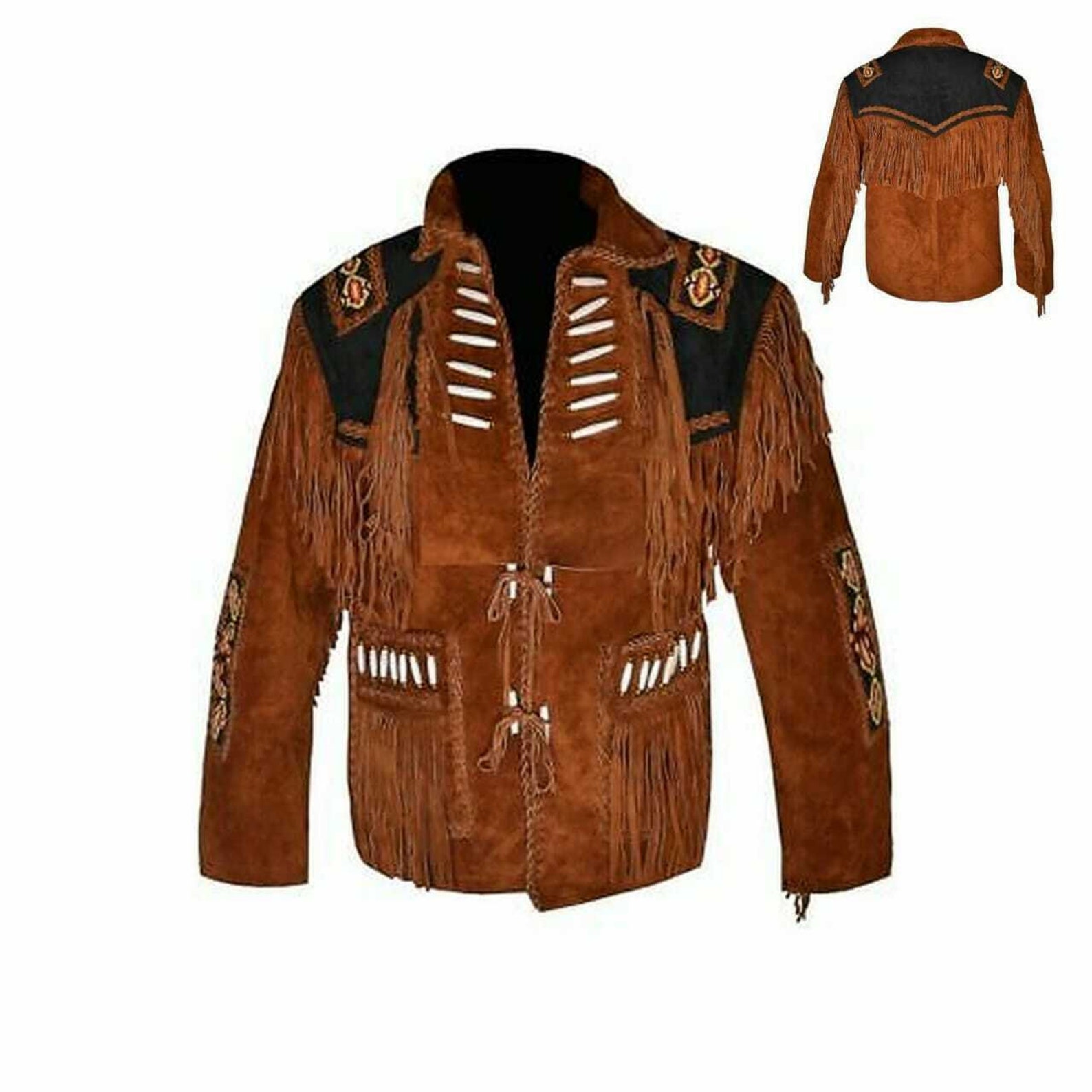 Men's Western Brown Buckskin Suede Leather Fringe Beaded Jacket WBJ05 ...