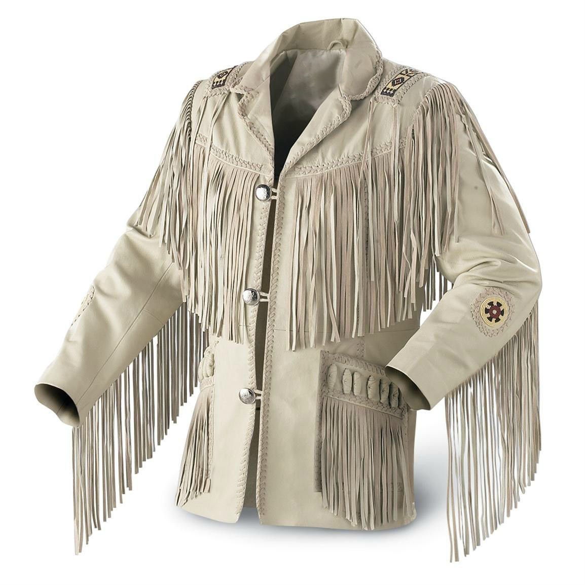 Men's Western Brown Buckskin Suede Leather Fringe Beaded Jacket WBJ12 ...