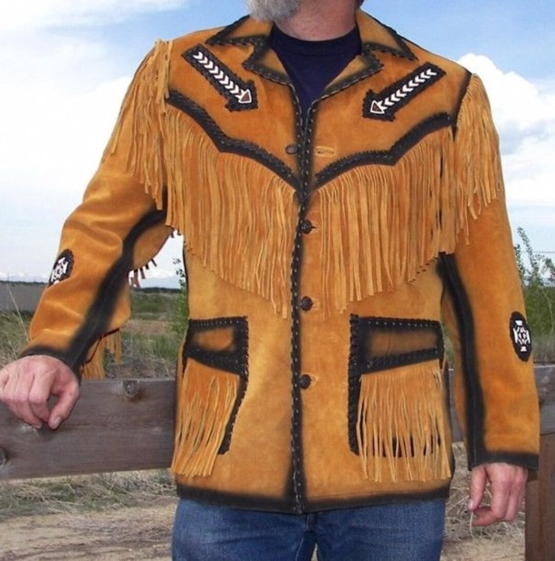 Men's Western Brown Buckskin Suede Leather Fringe Beaded Jacket WBJ84 ...