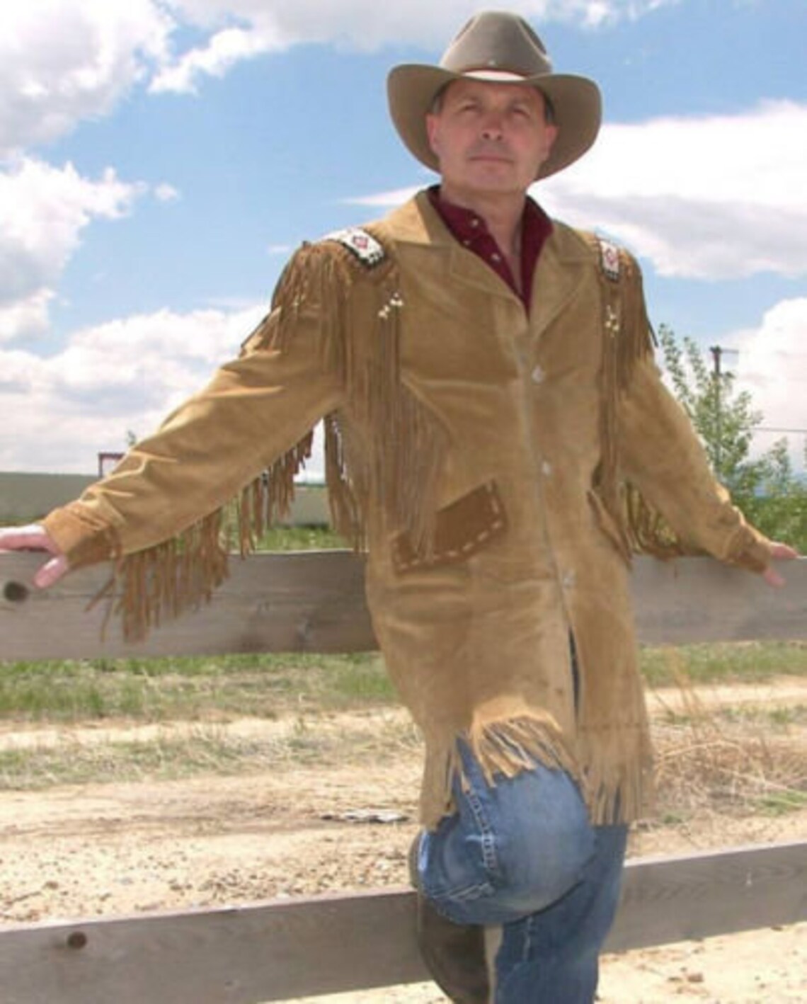 Men's Western Brown Buckskin Suede Leather Fringe Beaded Jacket WBJ578 ...