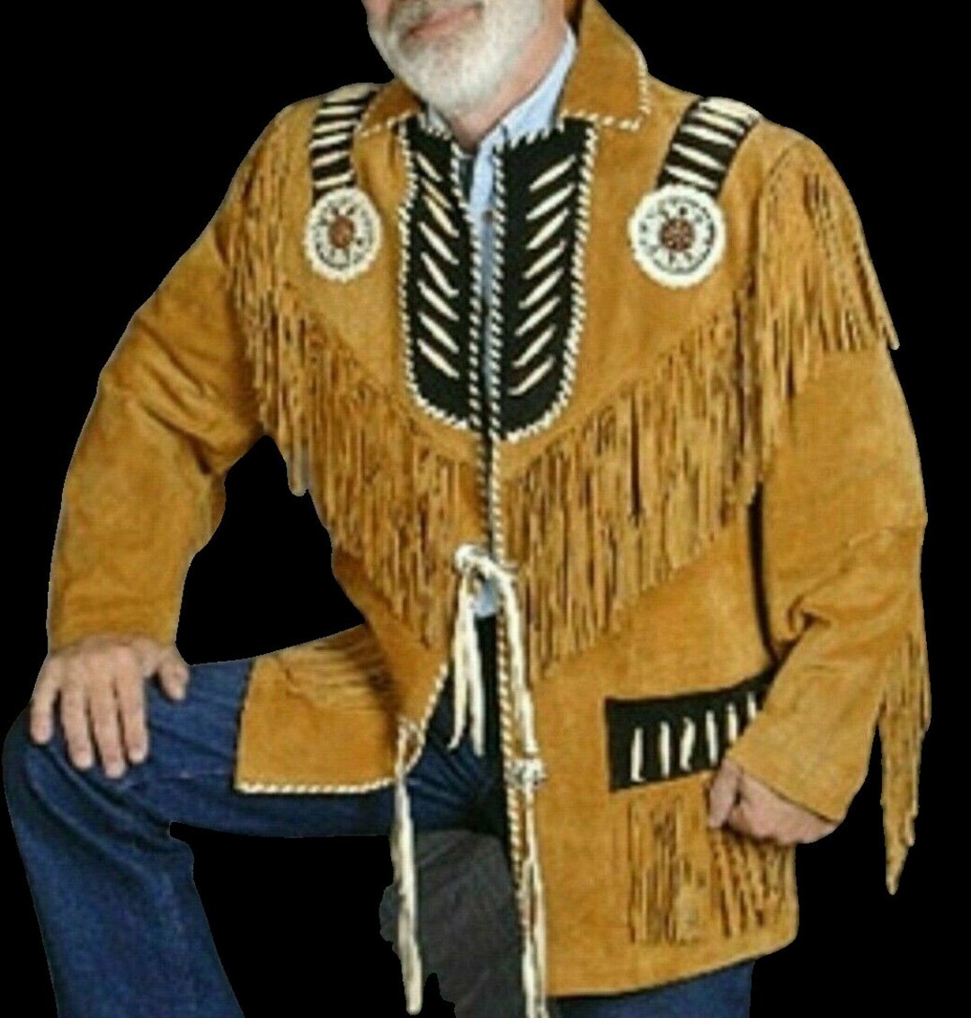 Men's Western Brown Buckskin Suede Leather Fringe Beaded Jacket WBJ727 ...