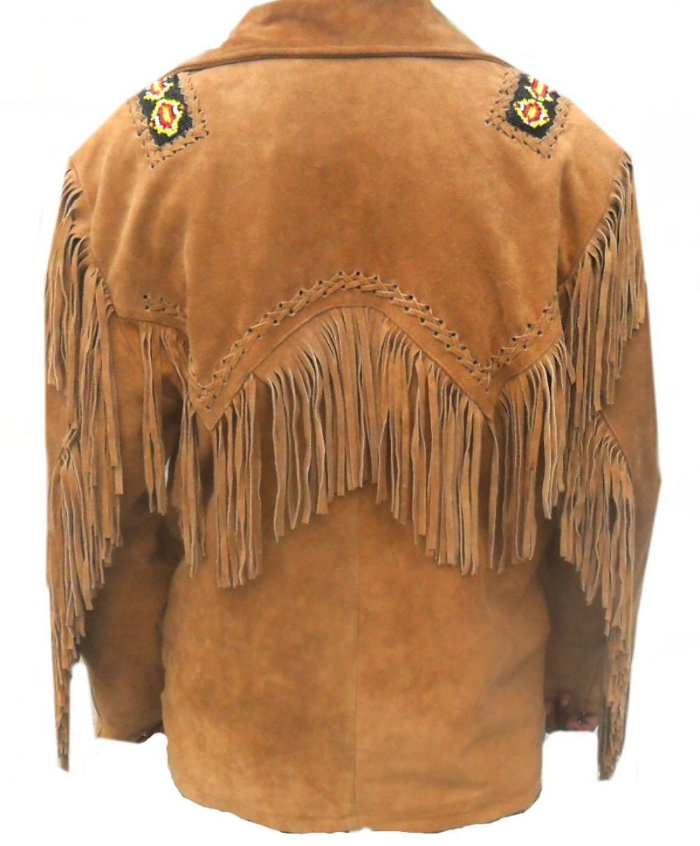 Men's Western Brown Buckskin Suede Leather Fringe Beaded Jacket WBJ01 ...