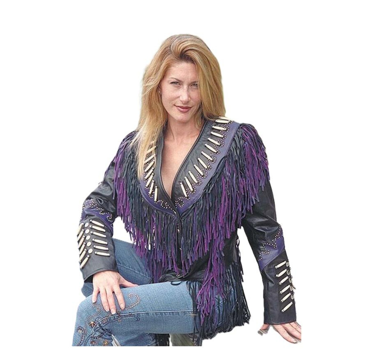 Cowgirl Western Buckskin Black Leather Fringe Jacket With Bones and ...