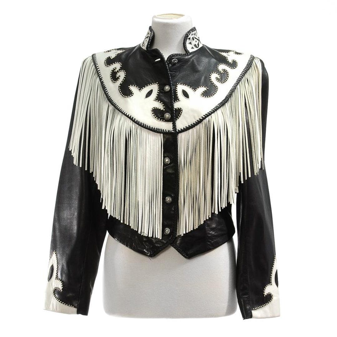 Cowgirl Western Buckskin Black Leather Fringe Jacket Studded for Woman ...