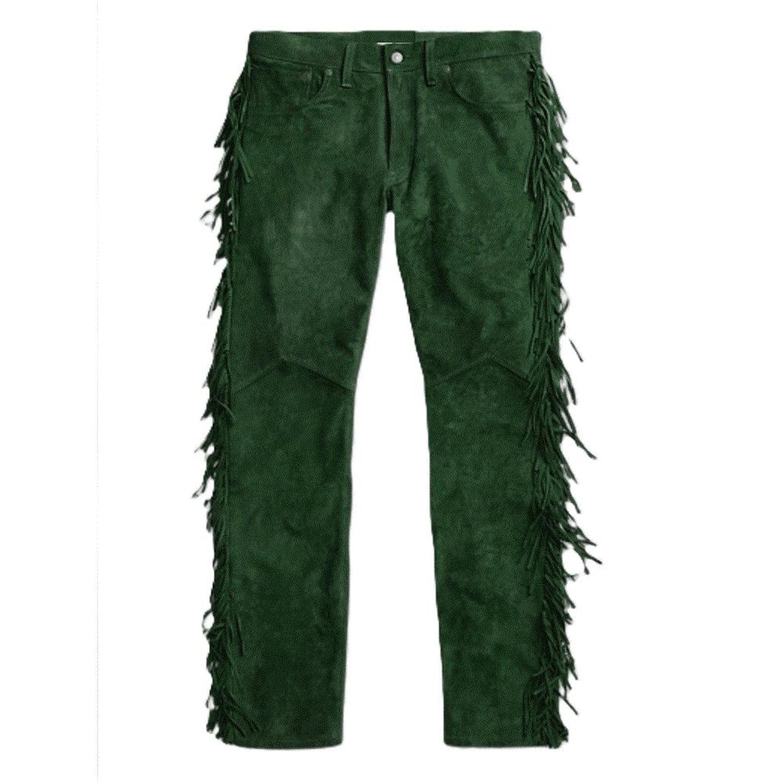 Men's New Green Buckskin Suede Leather Western Hippy Fringe Pants ZBP ...